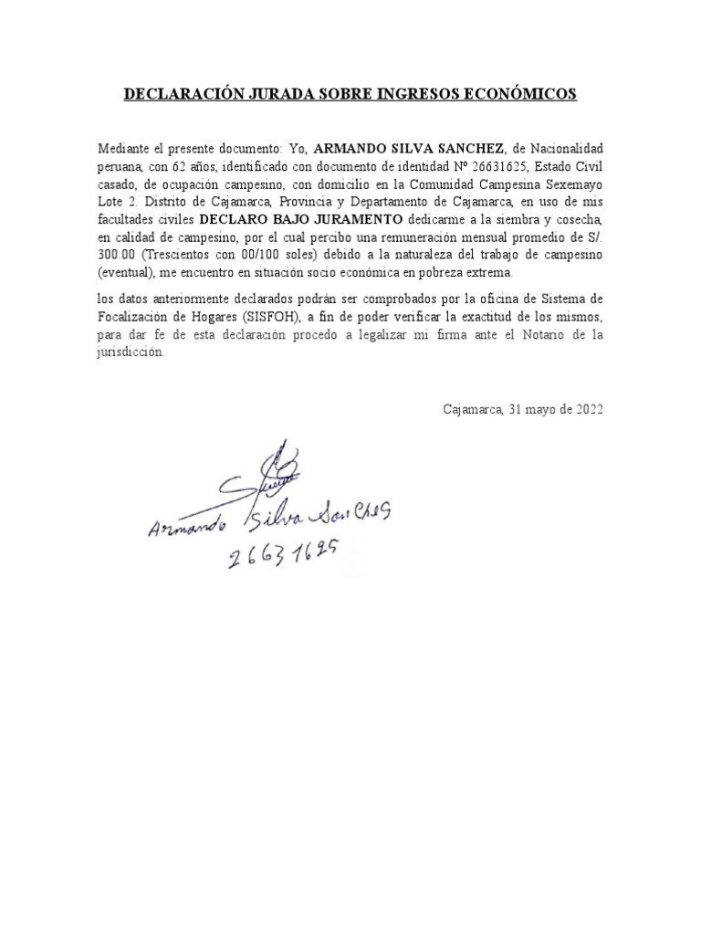 Declaración Jurada Sobre Ingresos Económicos | PDF