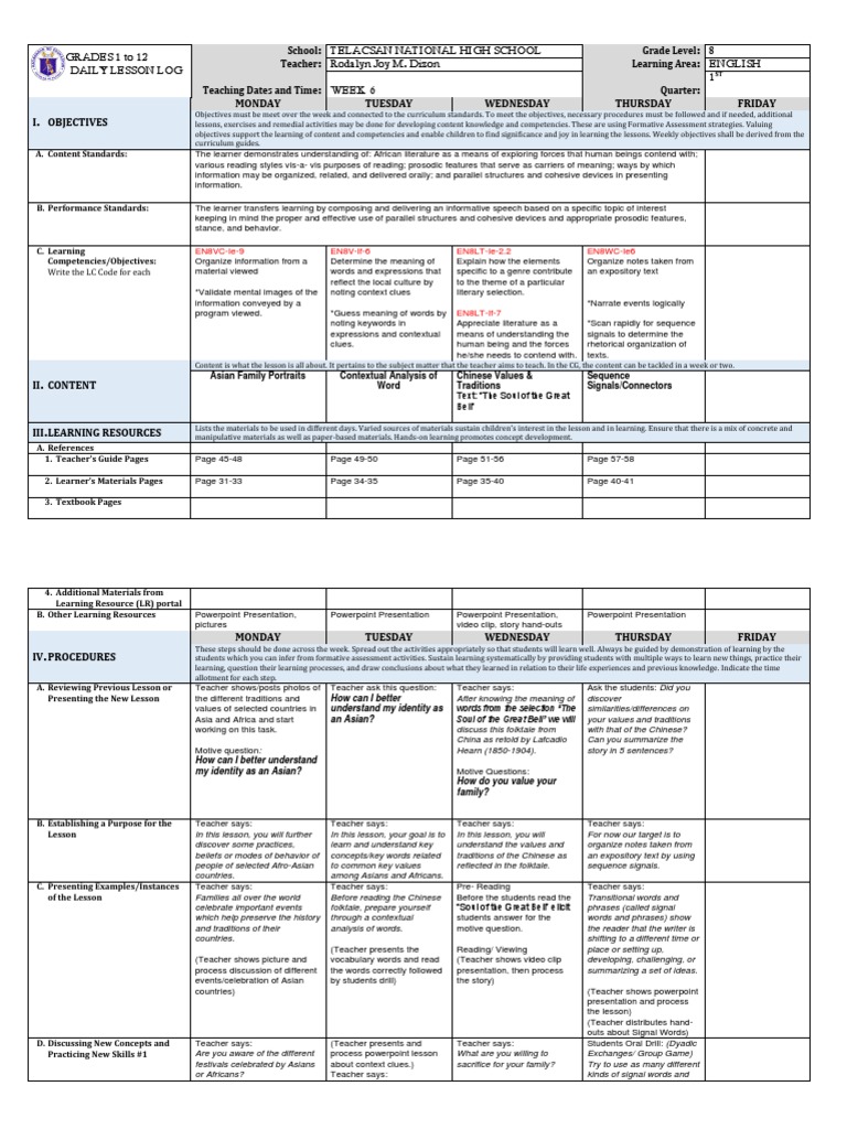 DLL ENG8 Q1 Week6 | PDF | Learning | Teachers