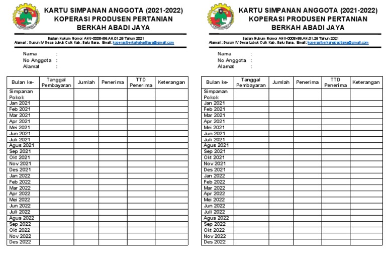 Kartu Simpanan Anggota Koperasi 2021-2022 | PDF