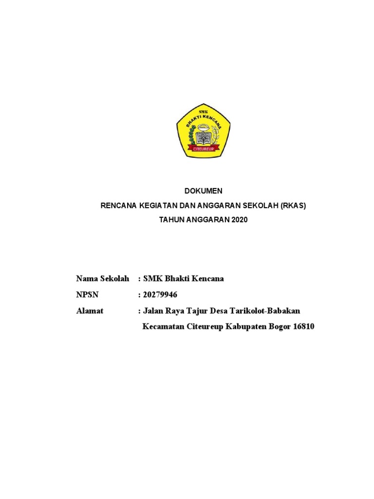 Cover Dan Lembar Pengesahan Rkas Bos Ta 2020 SMK CH | PDF