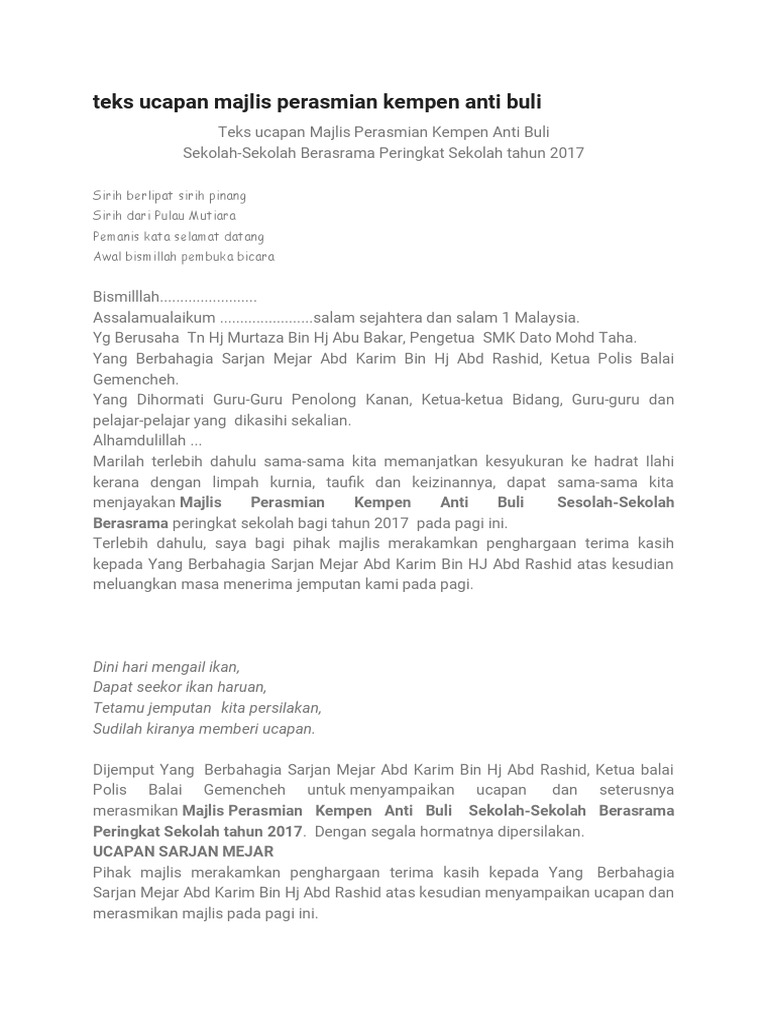 Teks Ucapan Majlis Perasmian Kempen Anti Buli | PDF
