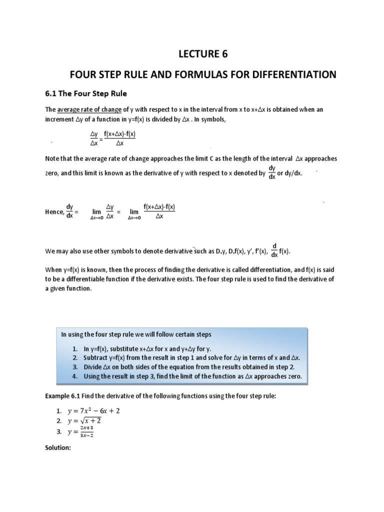 Four Step Rule and Formulas For Differentiation | PDF | Derivative ...