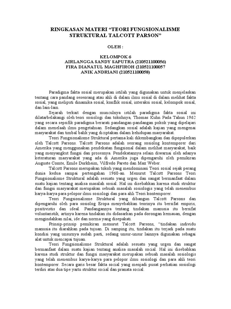 RINGKASAN MATERI (Teori Fungsionalisme Struktural Talcott Parson) Kelompok 6 | PDF