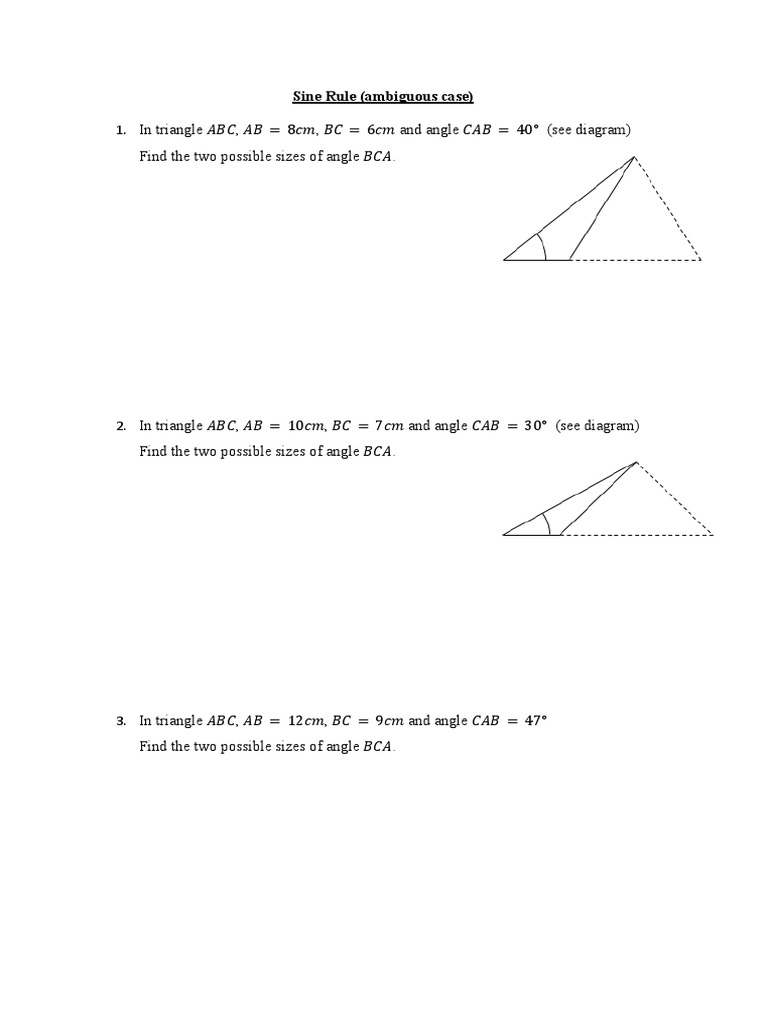 Sine Rule Ambiguous Case Worksheet | PDF