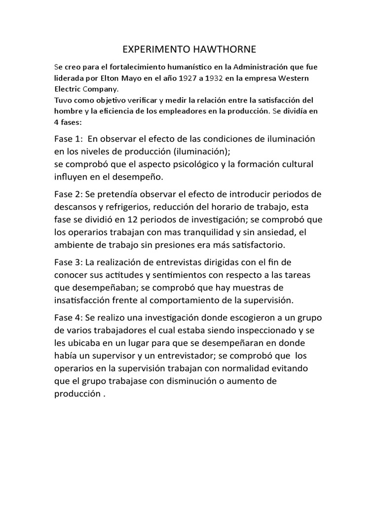 Experimento Hawthorne | PDF
