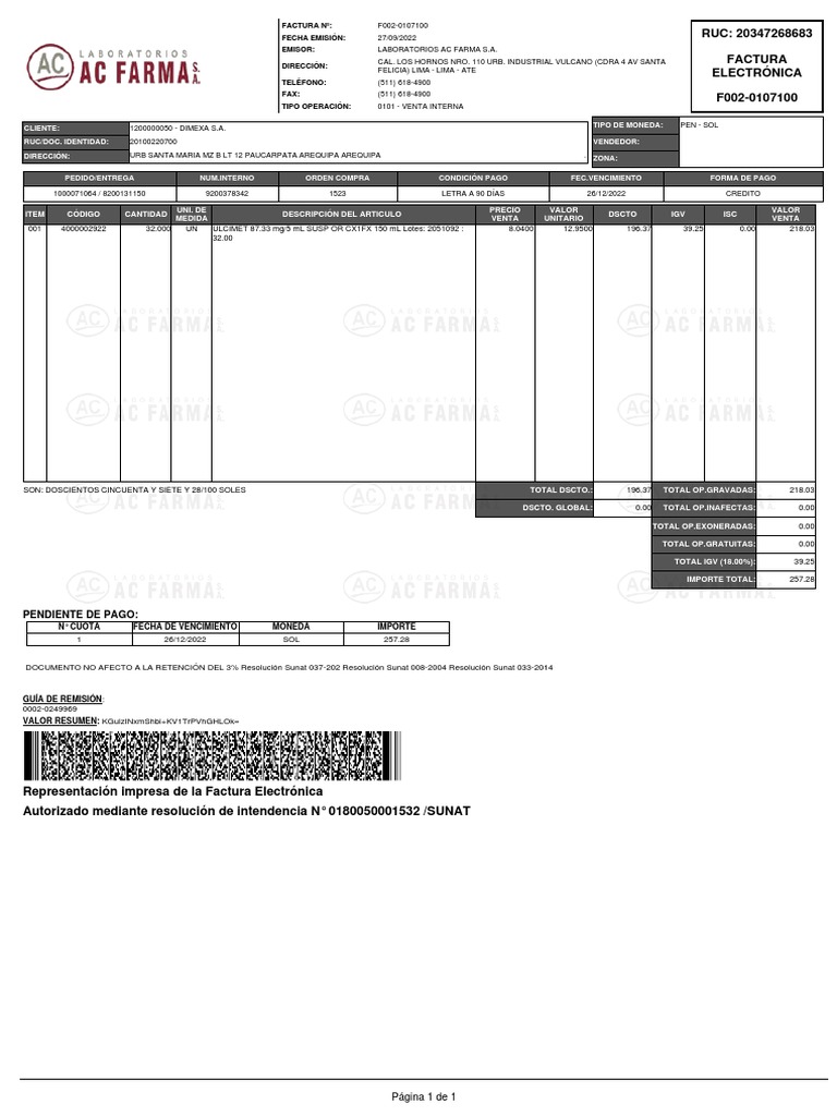 RUC: 20347268683 Factura Electrónica F002-0107100 | PDF | Dinero | Pagos