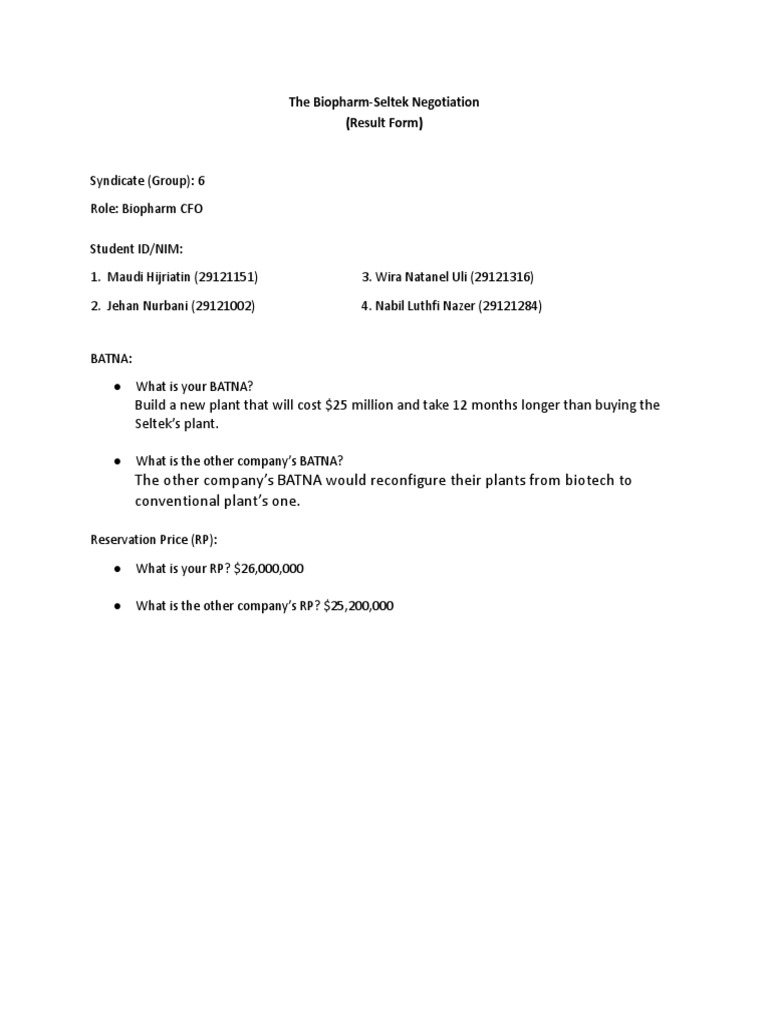Syndicate 6 - The Biopharm-Seltek Negotiation (Result Form) | PDF