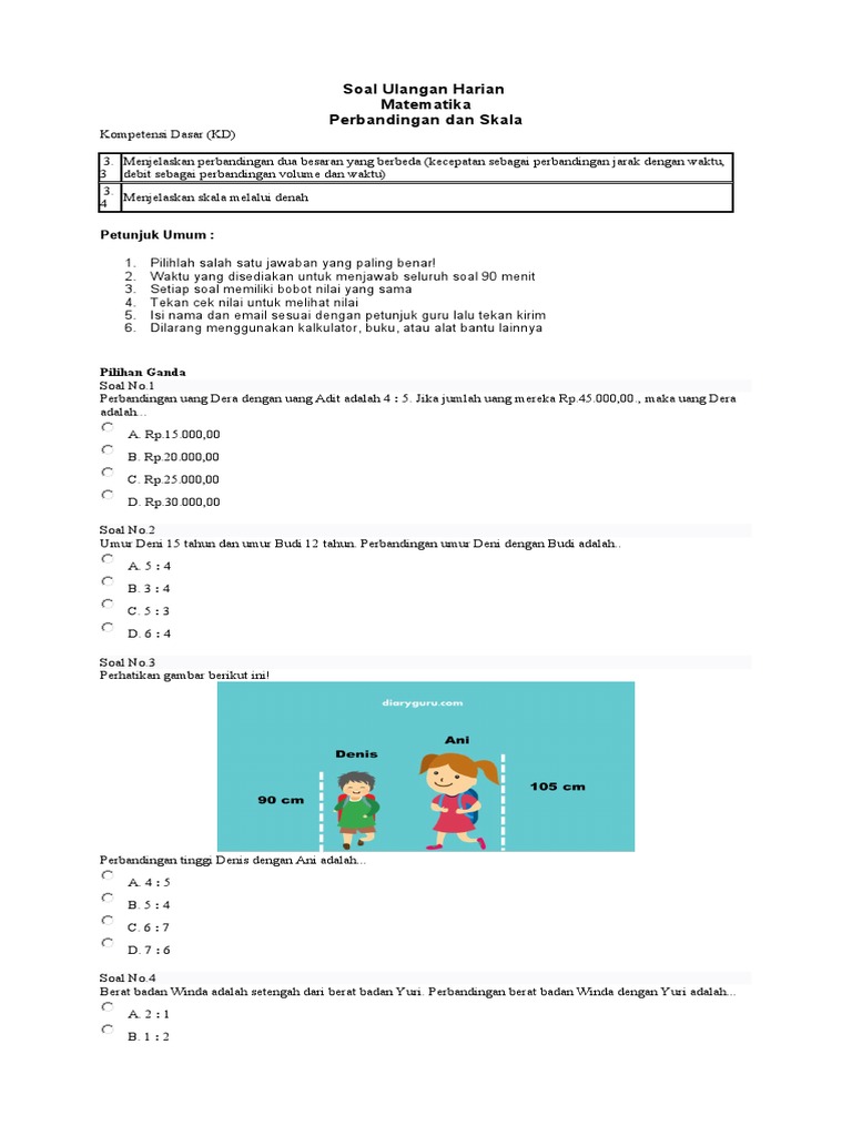 Soal Ulangan Harian - Matematika - Perbandingan Dan Skala | PDF