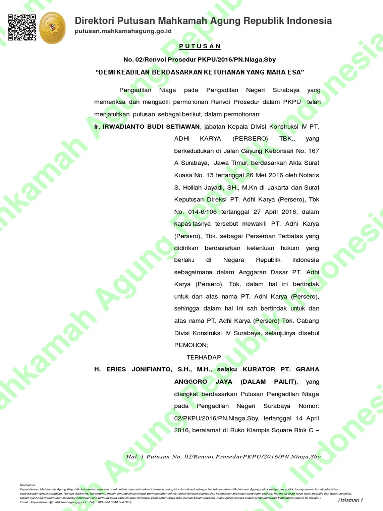 Putusan 02 Renvoi Prosedur Pkpu 2016 PN - Niaga.sby 20220722070104 | PDF