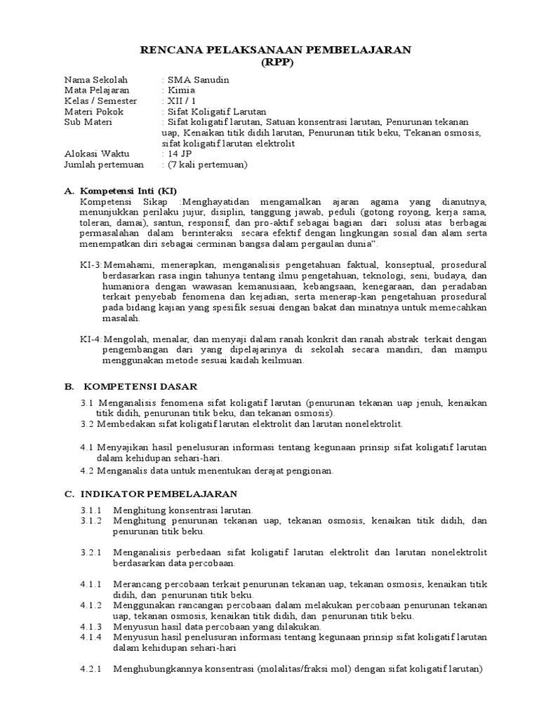 rpp-1 - Kimia-Xii - Ganjil - Sifat Koligatif Larutan | PDF