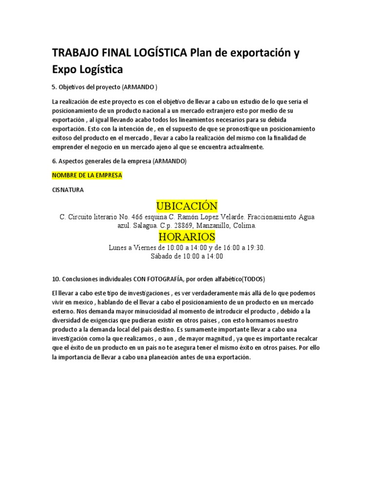 Trabajo Final Logística Plan De Exportación Y Expo Logística Pdf