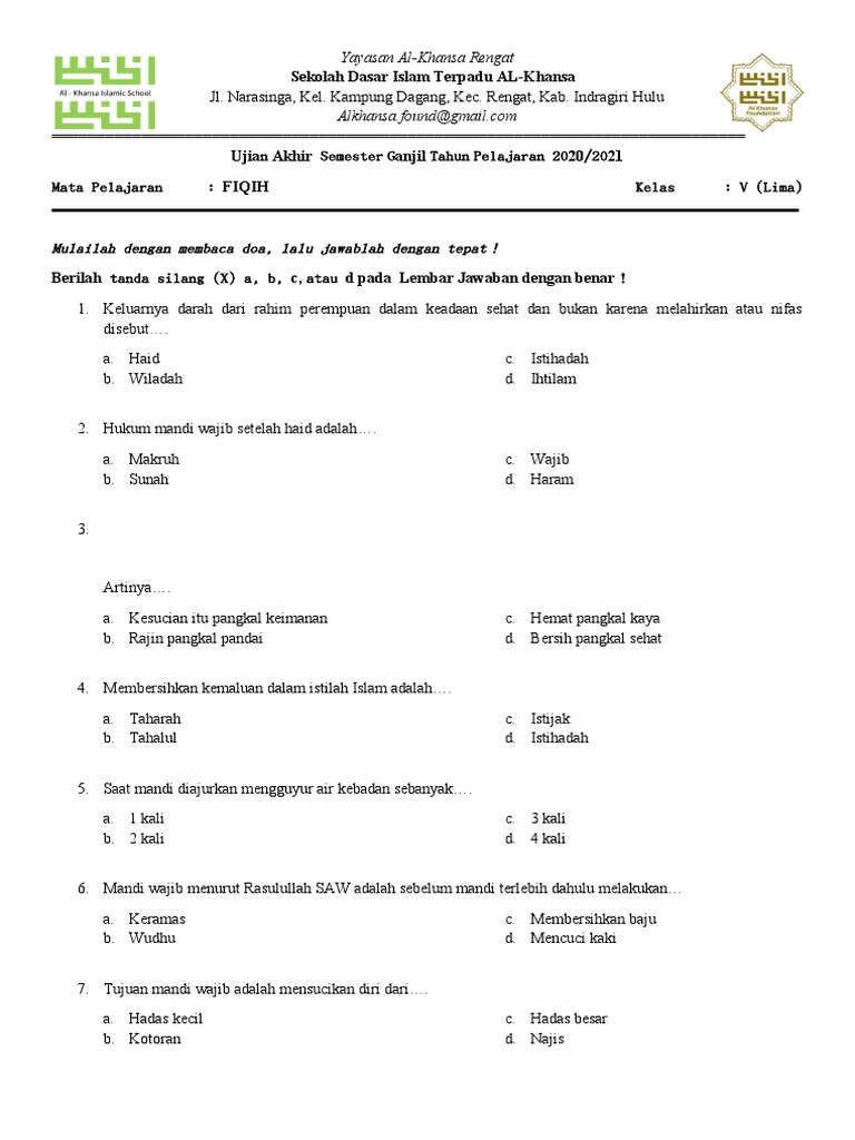 Ujian Fiqih Kelas V SDIT Al-Khansa | PDF