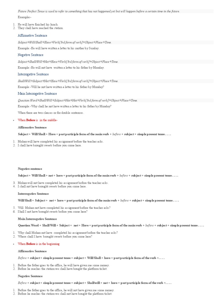 Future Perfect Tense 2 Pdf Verb Question