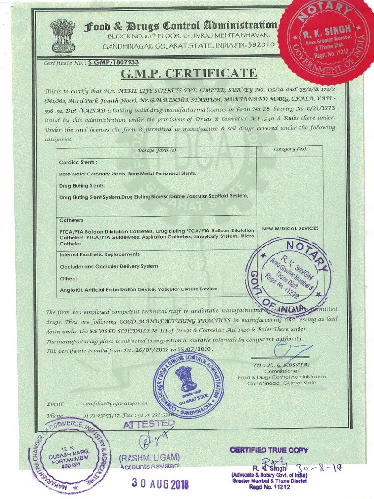 GMP Certificate Meril Life 17102018 | PDF