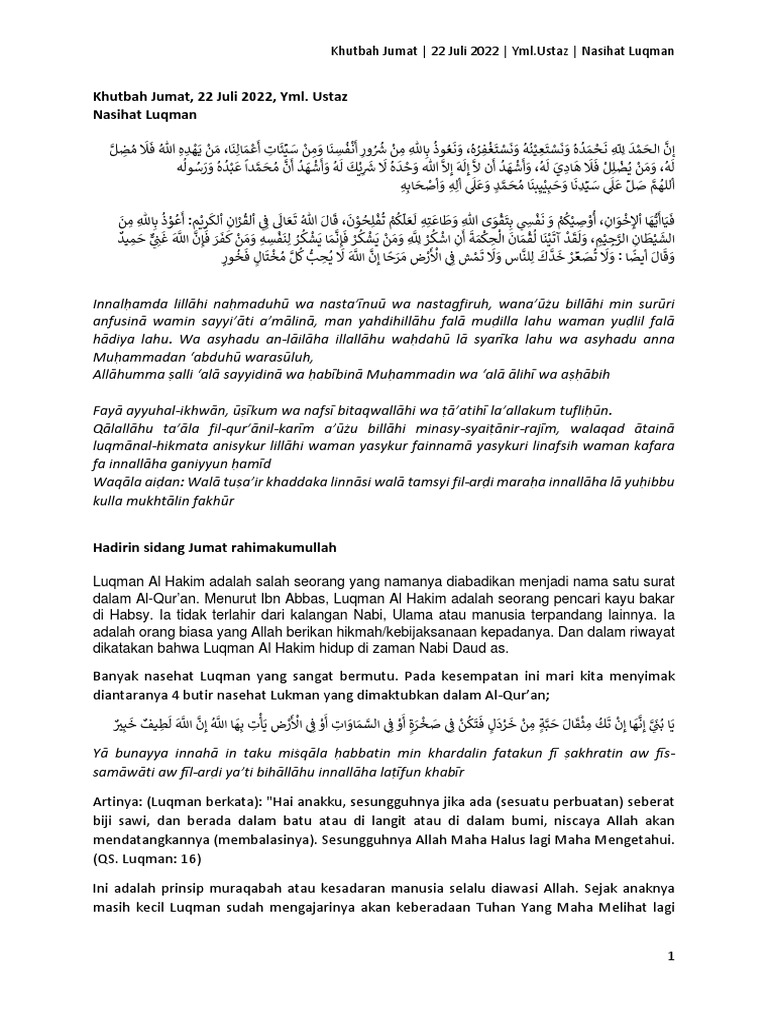 Nasihat Luqman dalam Khutbah Jumat | PDF