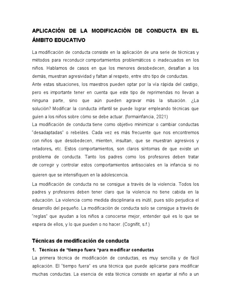 Aplicación De La Modificación De Conducta En El ámbito Educativo Pdf