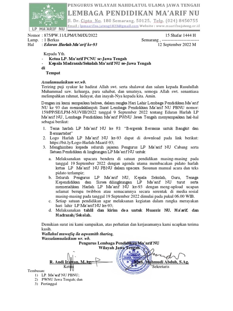 875-Edaran Harlah LP Maarif NU Ke 93 | PDF