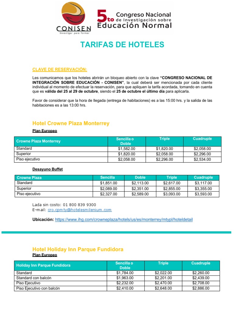 Tarifas De Hoteles Pdf Pagos Economias
