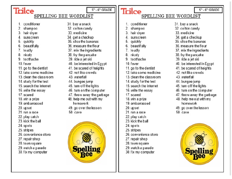 Spelling Bee 6th Grade Pdf