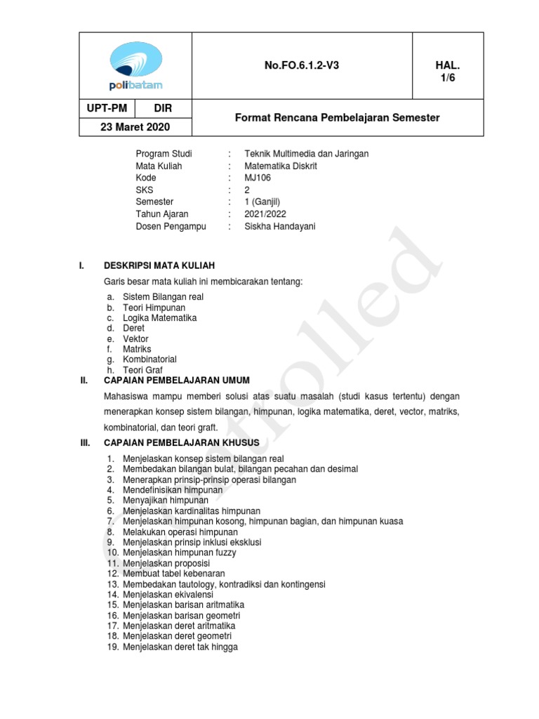 Rencana Pembelajaran Semester (RPS) Matdisk MJ Ganjil 2021 - 2022 | PDF