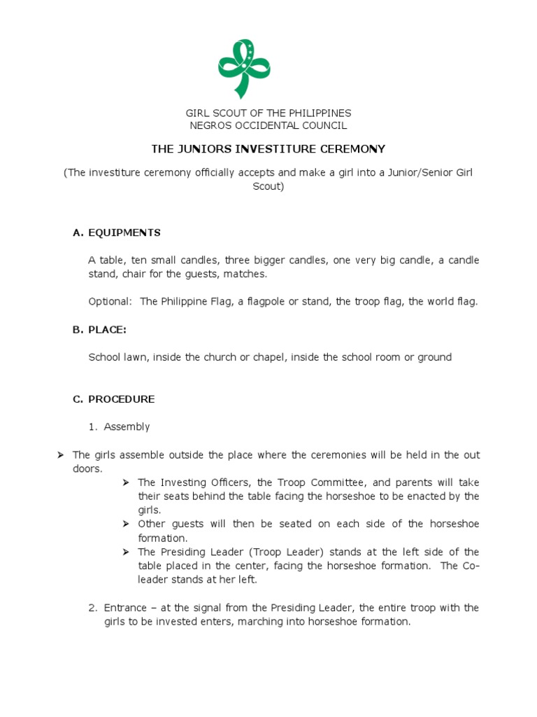 GSP Juniors Investiture Ceremony Guide | PDF | Scouting | Flag