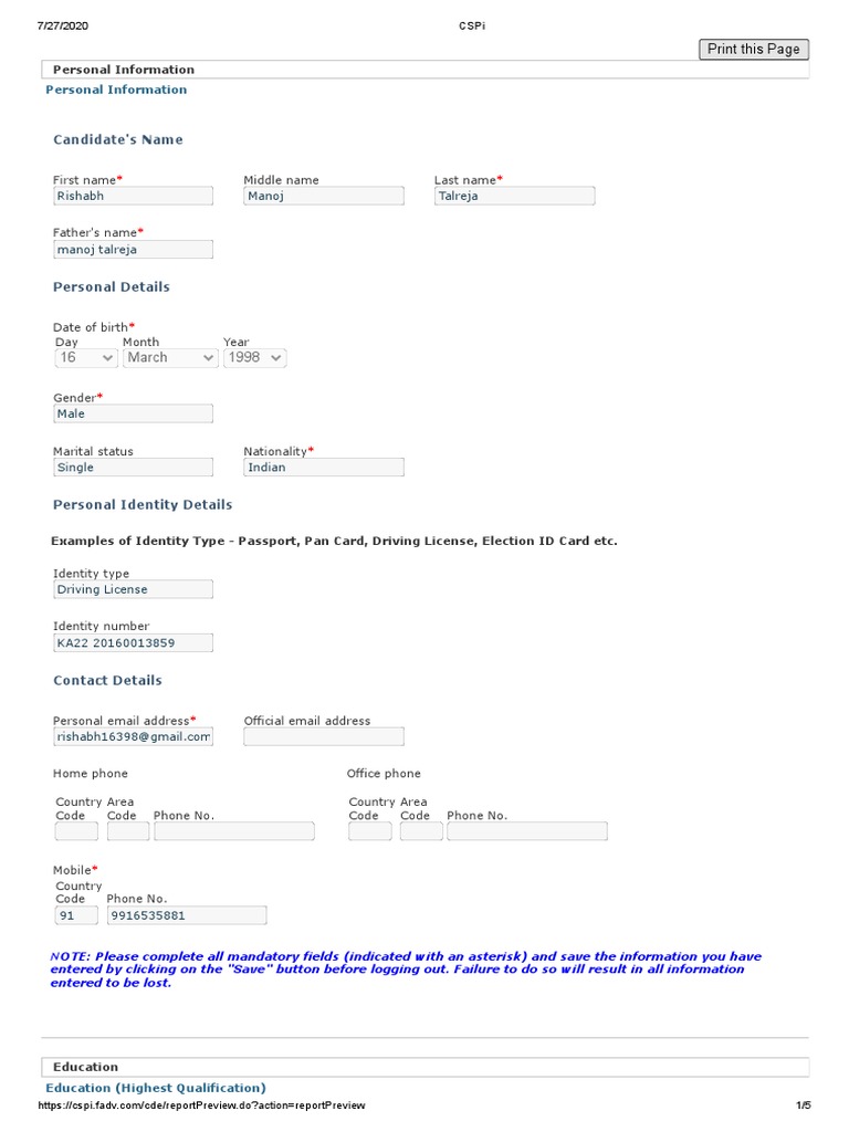 Candidate Personal Information Form | PDF | Government And Personhood | Access Control