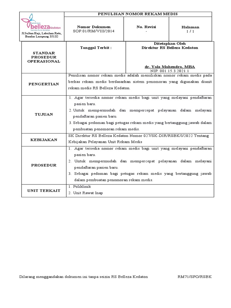001.sop Penulisan Nomor Rekam Medis | PDF
