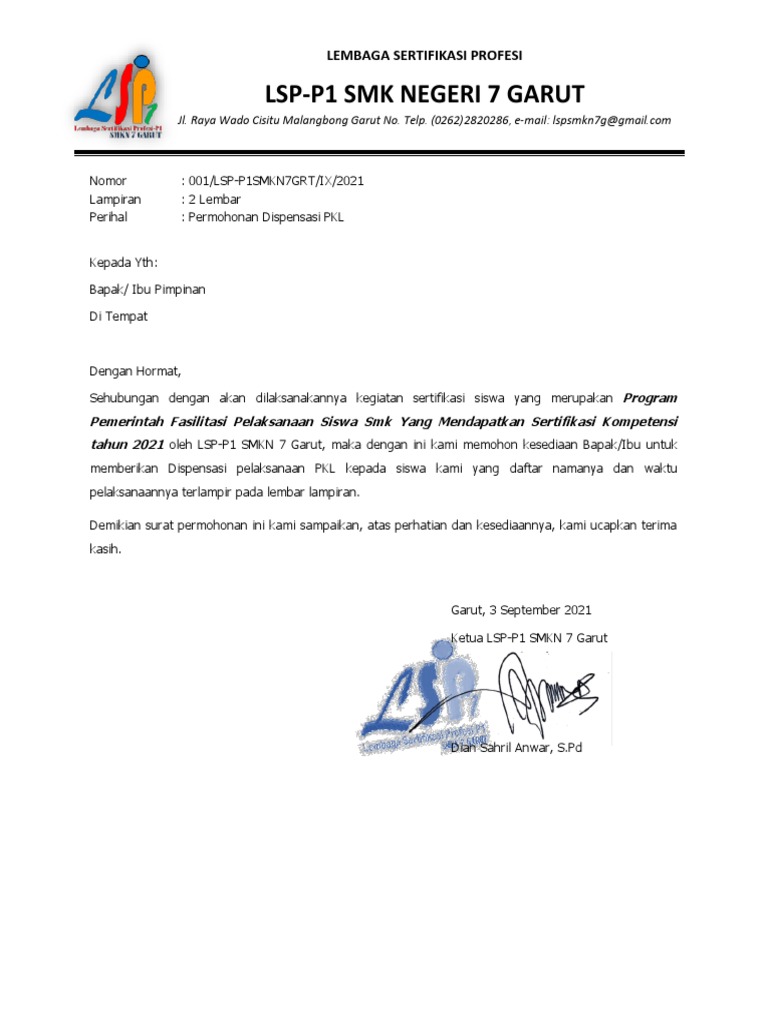 Surat Dispensasi LSP PDF | PDF