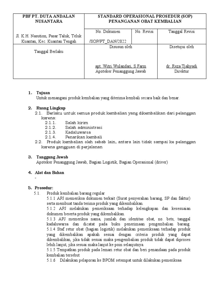 11) Sop Penanganan Obat Kembalian Fix | PDF