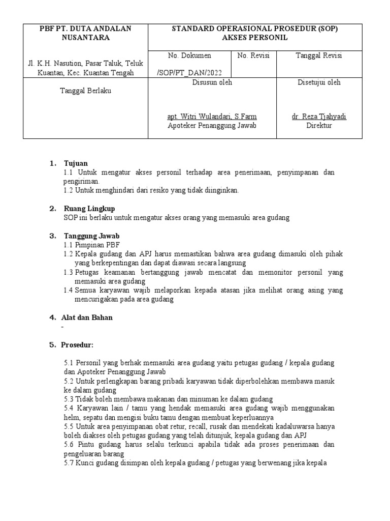 SOP Akses Personil Gudang PBF | PDF