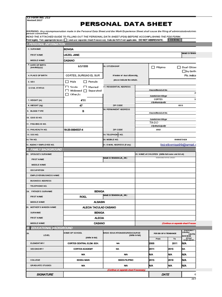 PDS CS Form No 212 Revised2017 BUDEN | PDF