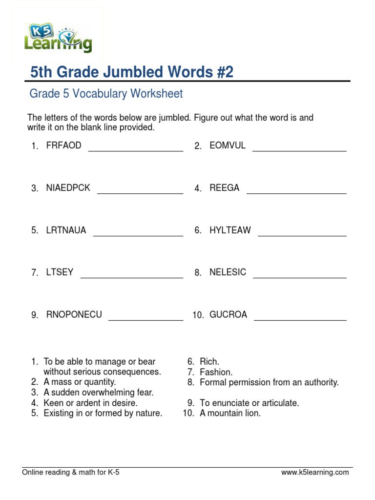 5th Grade Jumbled Words 2 | PDF