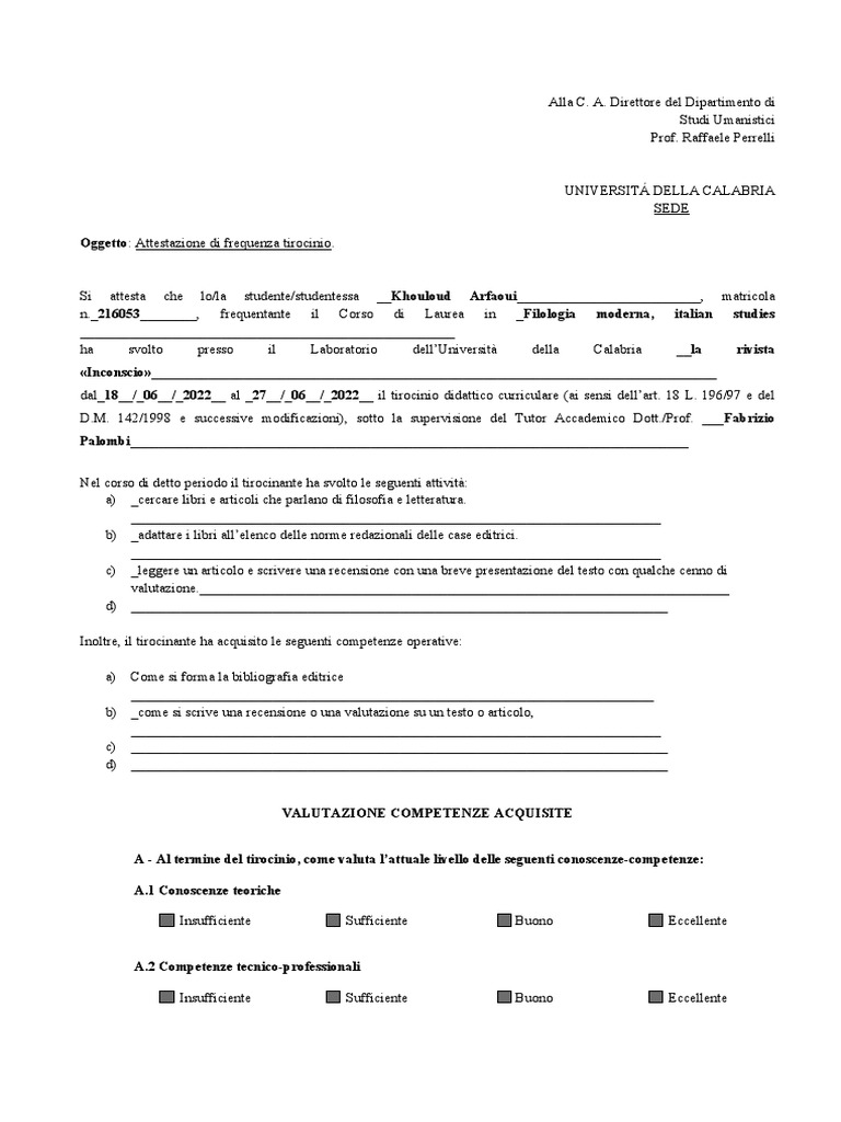 Attestato Fine Tirocinio Interno | PDF