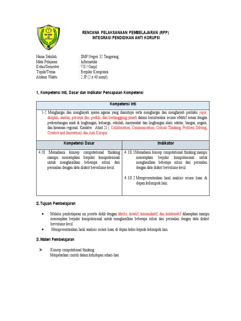 RPP Terintegrasi Anti Korupsi Informatika Kls Vii | PDF | Karier & Perkembangan | Komputer