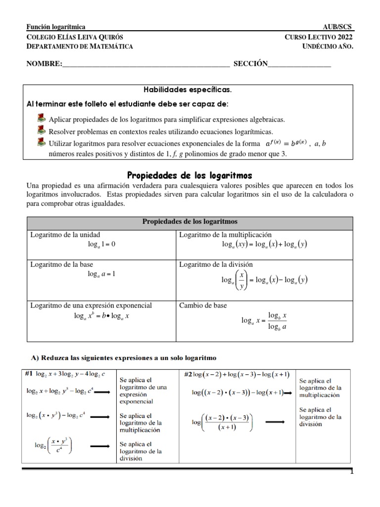 Folleto de Función Logarítmica | PDF | Logaritmo | Ecuaciones