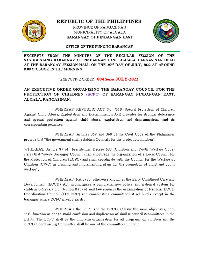 Eo 004 On BCPC Creation Reorganization | PDF | Justice | Crime & Violence