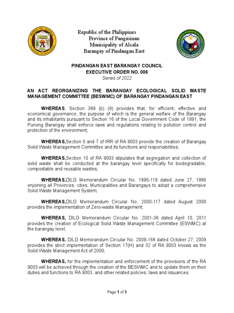 Eo 006 On Beswmc Creation Reorganization | PDF | Waste Management ...