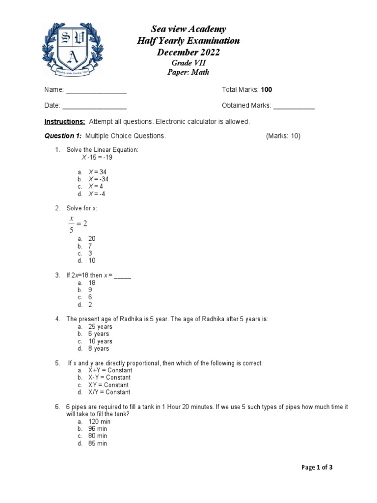 Half Yearly Paper Math Grade 7 | PDF | Mathematical Objects | Mathematics