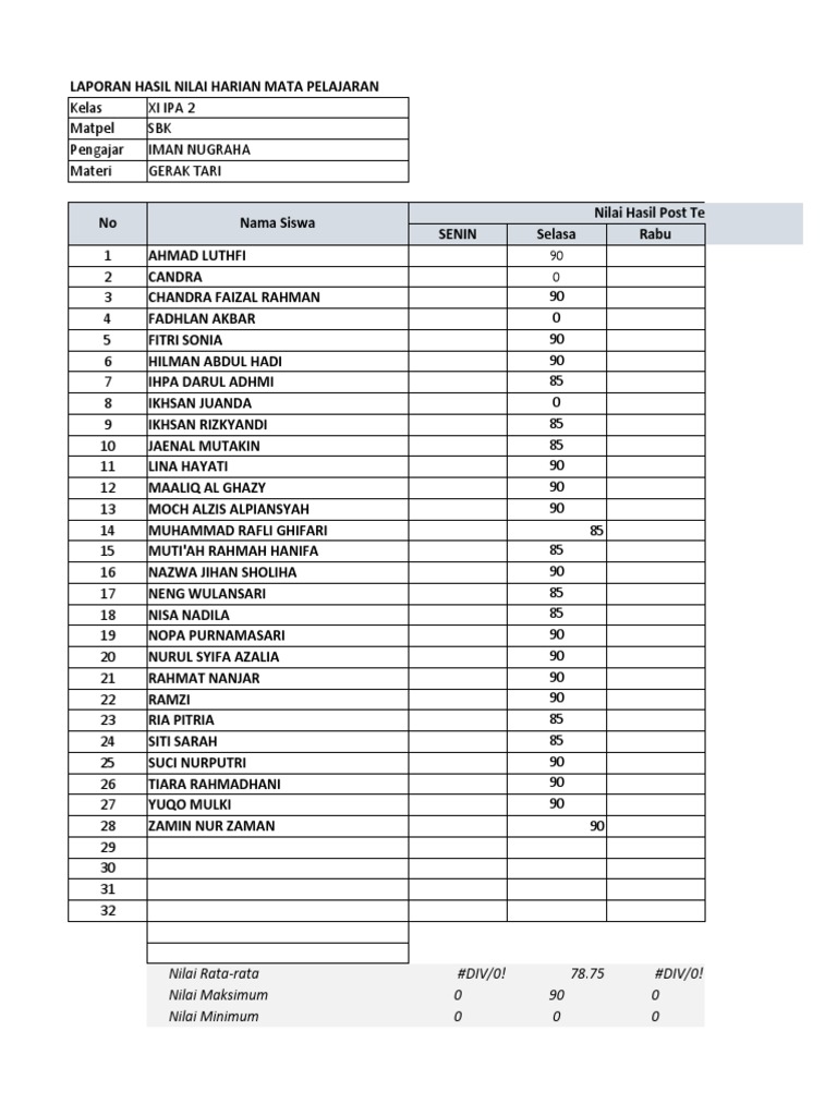 Nilai Harian November SBK | PDF