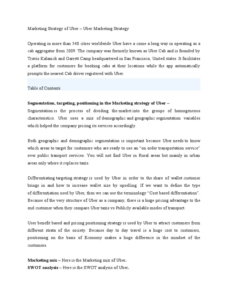 Marketing Strategy of Uber | PDF