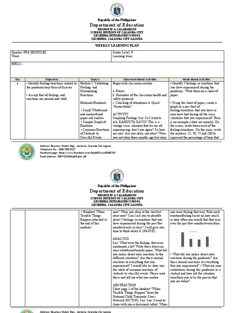 Pfa Weekly Learning Plan | Download Free PDF | Psychology | Psychological Concepts