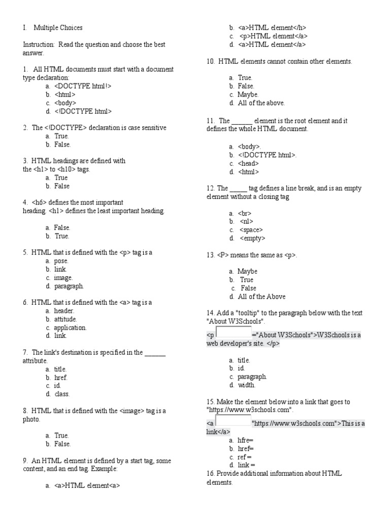 Test Questionair - Prelim | PDF | Html Element | Html