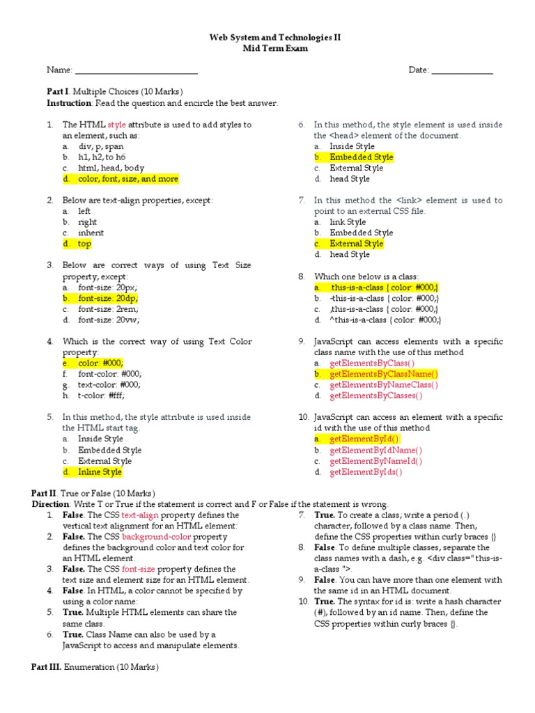 Web System and Technologies II - Midterm Exam Answer Key | PDF