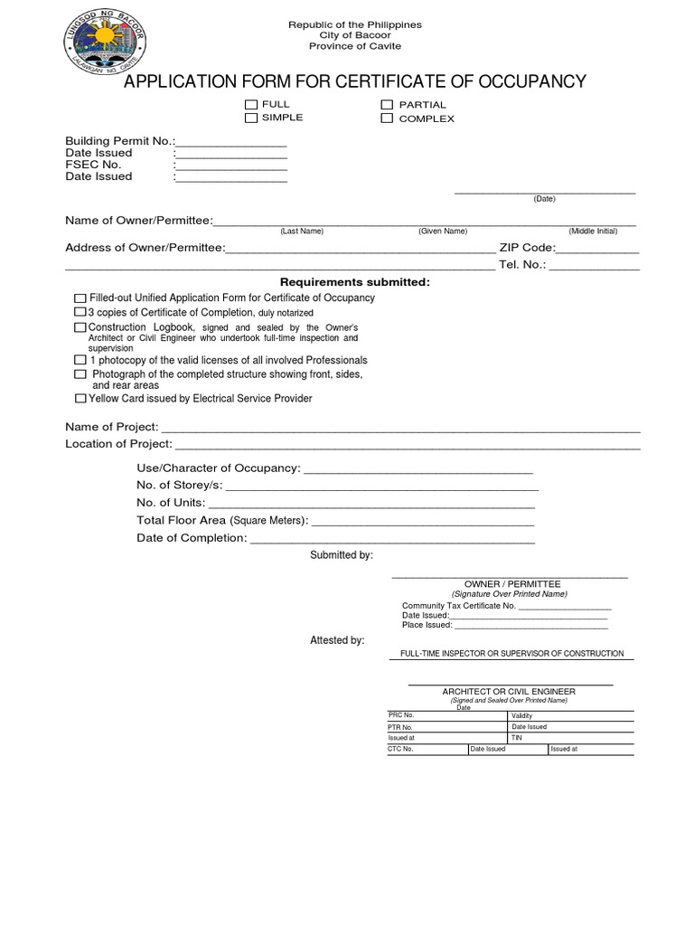 Application Form For Certificate of Occupancy - Revised | PDF
