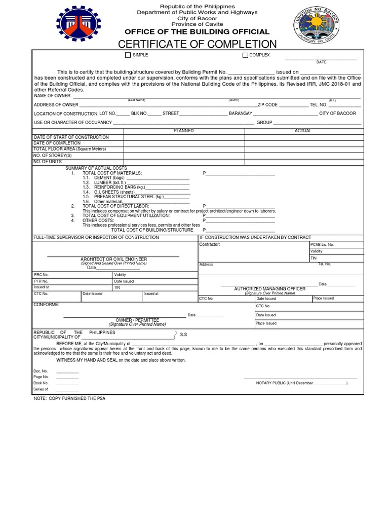 Certificate of Completion Form - Revised | PDF | Real Estate | Economic ...