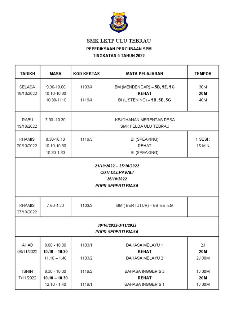 SPM Trial Exam Timetable | PDF
