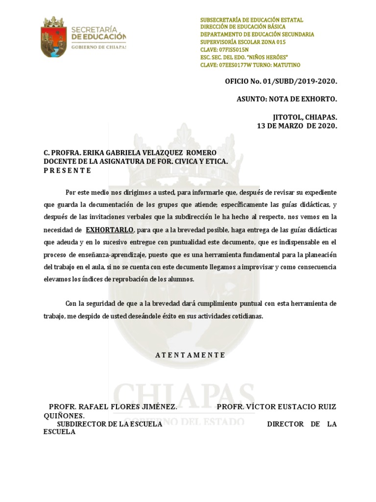 OFICIO No1 EXORTO ENTREGAR DOCUMENTOS.. | PDF | Educación primaria ...