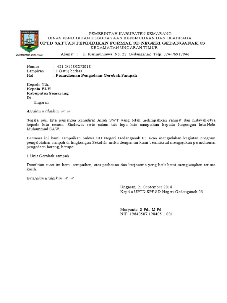 Proposal Permohonan Pengadaan Gerobak Sampah SD Negeri Gedanganak 03 | PDF Proposal Permohonan Pengadaan Gerobak Sampah SD Negeri Gedanganak 03 | PDF