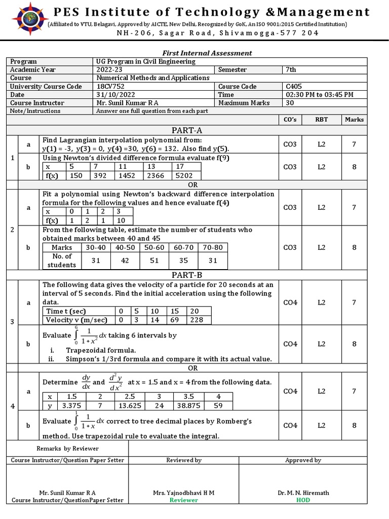 NMA IA 1 Question Paper 1 | PDF | Interpolation | Applied Mathematics