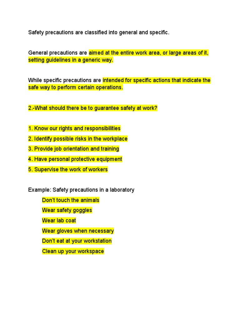 Safety Precautions Are Classified Into General and Specific | PDF ...